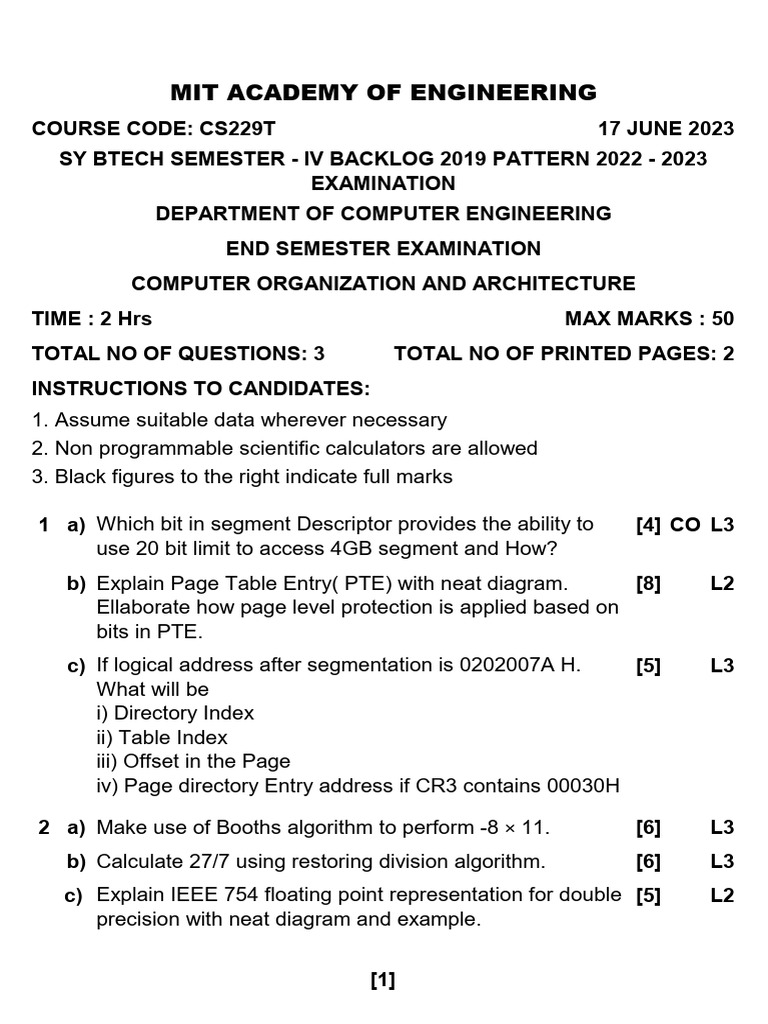 BTech Computer Architecture Exam | PDF