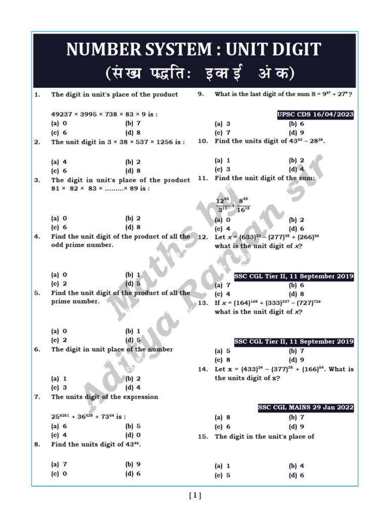 Unit Digit Problems in Number System | PDF | Numbers | Discrete Mathematics