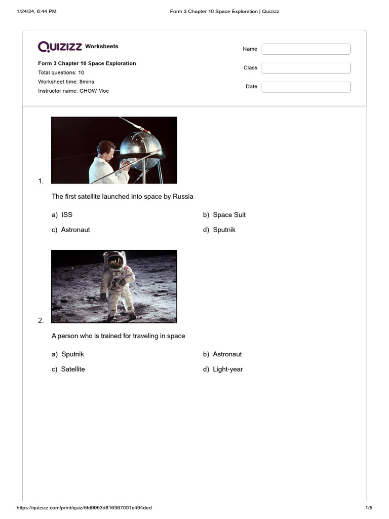 FORM 3 CHAPTER 10 SPACE EXPLORATION - Quizizz | PDF | Space Exploration | Spacecraft