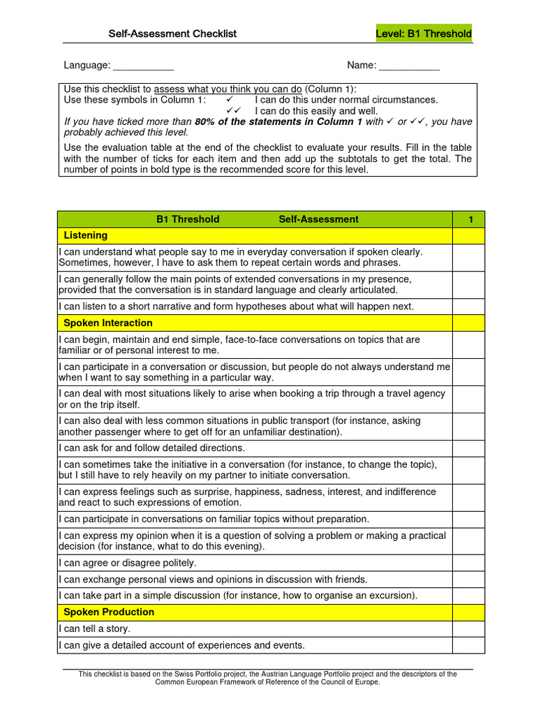 Checklisteb1threshold Englisch Final | PDF | Human Communication | Cognition