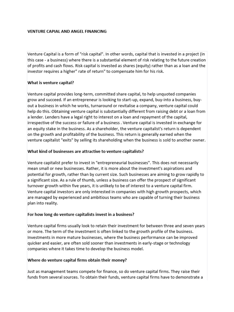 Venture Capital vs. Angel Financing Insights | PDF | Venture Capital ...