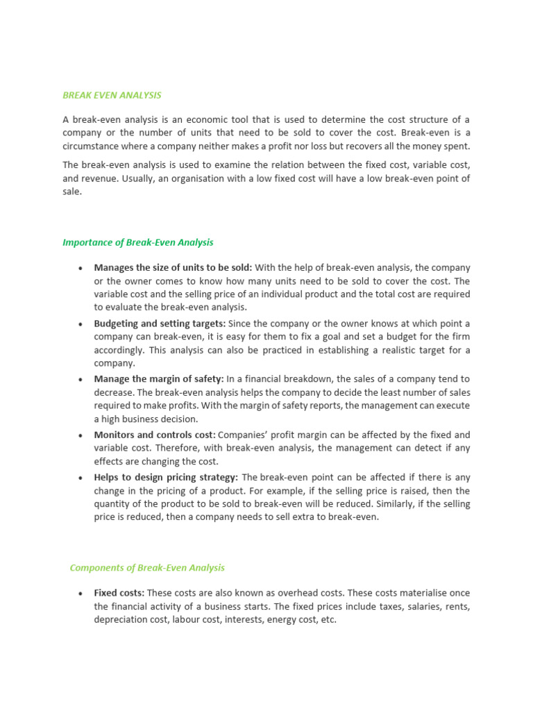Break Even Analysis and Ratios | PDF | Net Income | Return On Investment
