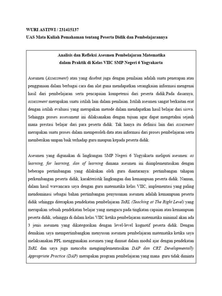 UAS - WURI ASTIWI - 231415137 - Analisis Dan Refleksi Asesmen Pembelajaran Matematika Dalam ...