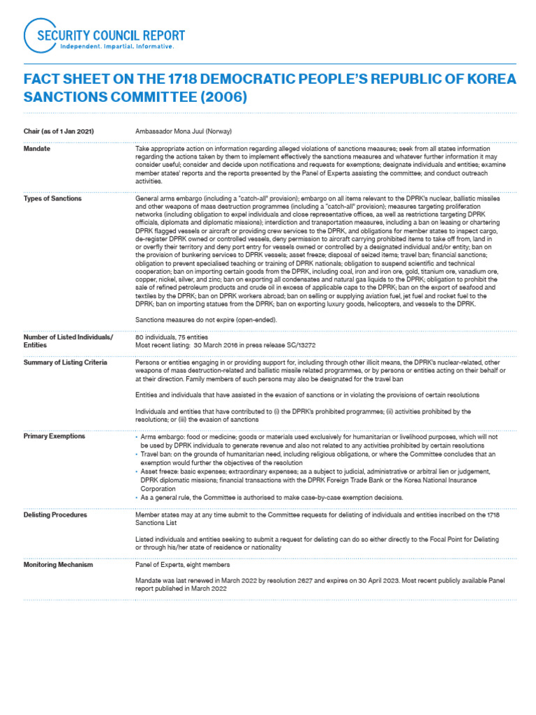 DPRK North Korea Sanctions Fact Sheet | PDF | International Sanctions ...