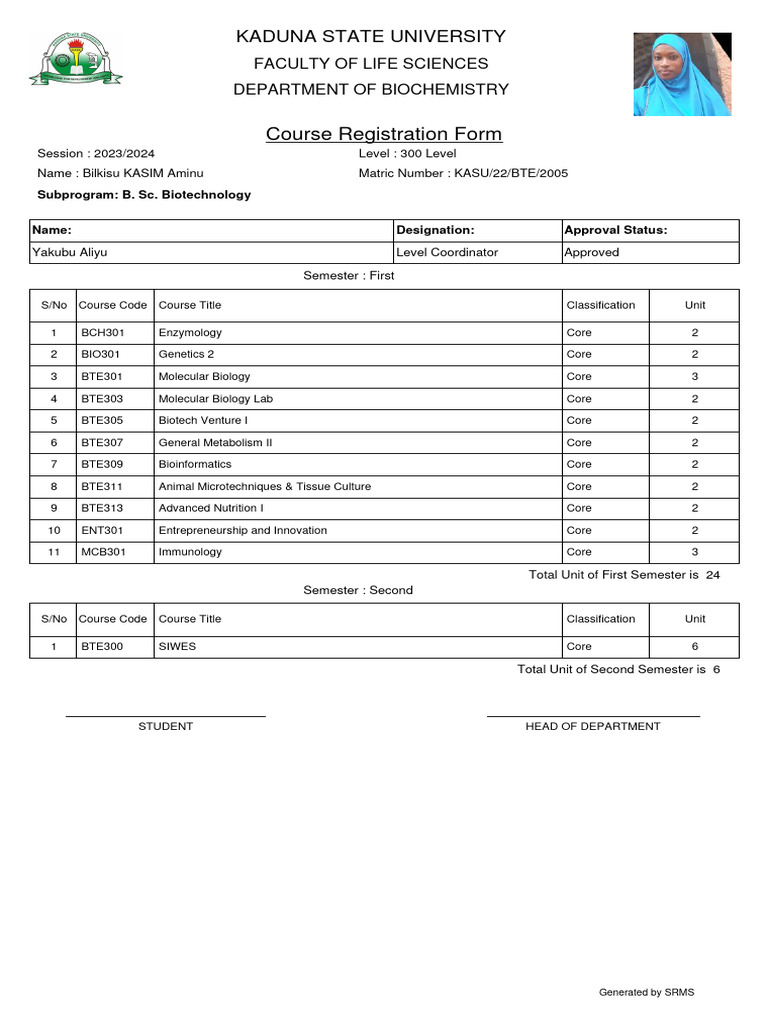 Course Form - FIRST SEMESTER, 2023 - 2024 | PDF | Biotechnology ...