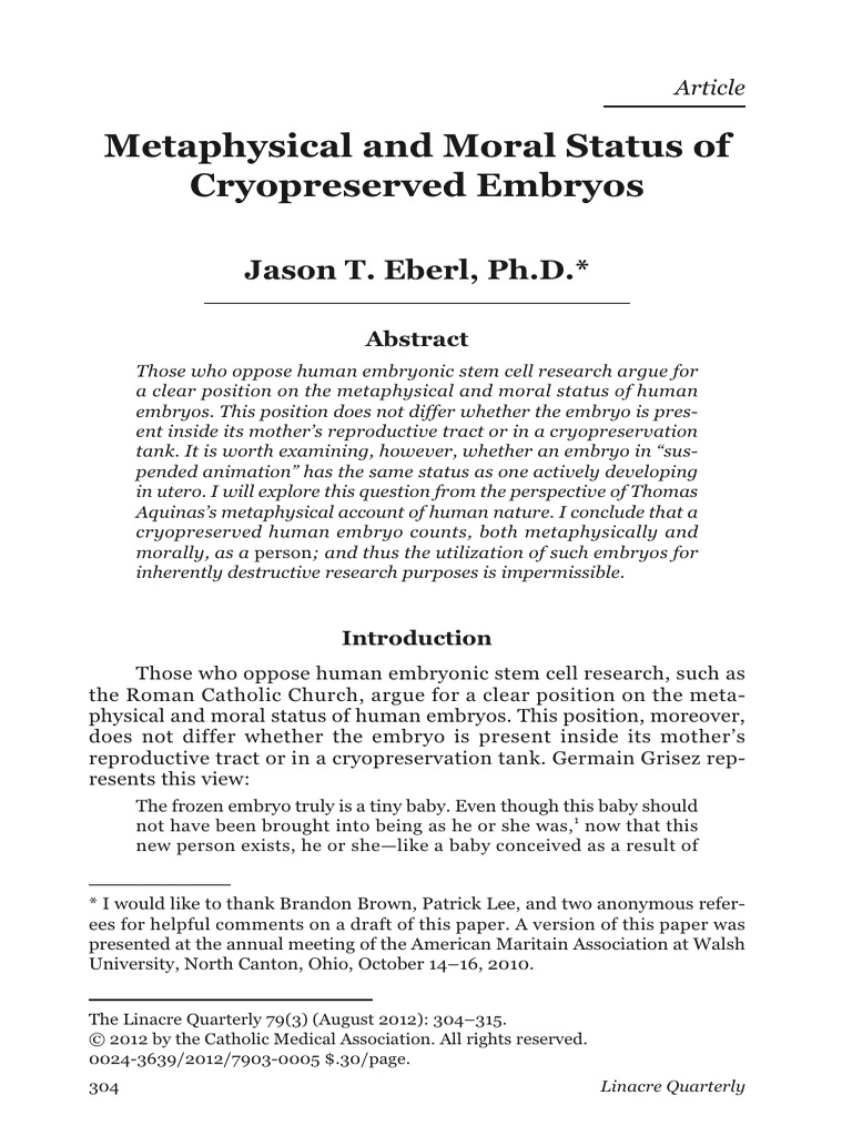 Jason T Eberl Metaphysical and Moral Status of Cryopreserved Embryos 10 ...