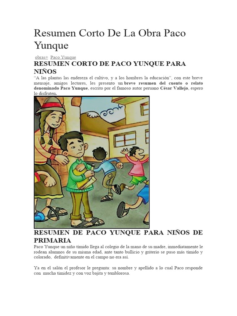 Resumen Corto de La Obra Paco Yunque | PDF | Arte | Clásicos