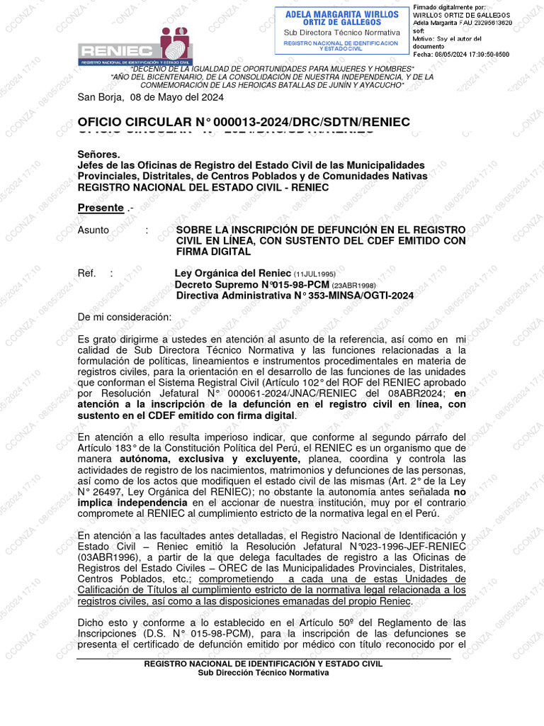 OFICIO CIRCULAR-San Borja-000013-2024-DRC - SDTN - RENIEC-2024-05-08-A | PDF | Perú | América ...