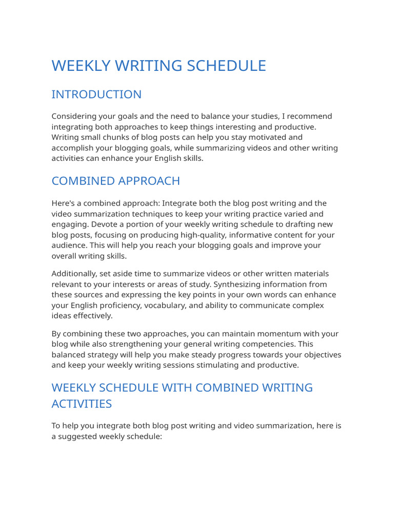Weekly Writing Schedule | PDF | Reading Comprehension | Vocabulary