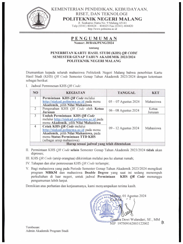 Pengumuman Permintaan Khs Qr Code 2023 Genap | PDF