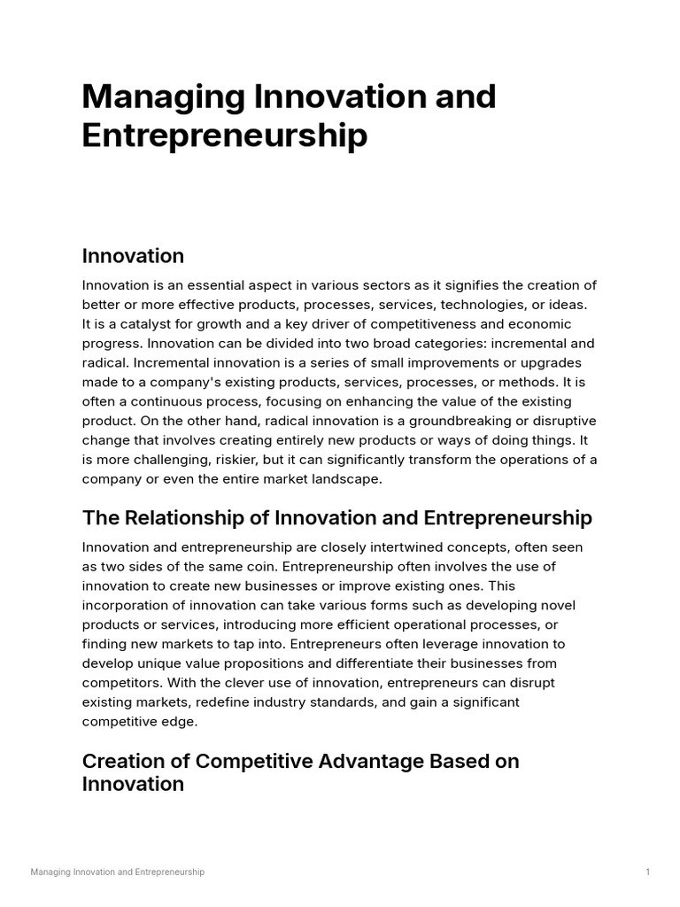 Managing Innovation and Entrepreneurship | PDF | Innovation | Strategic ...