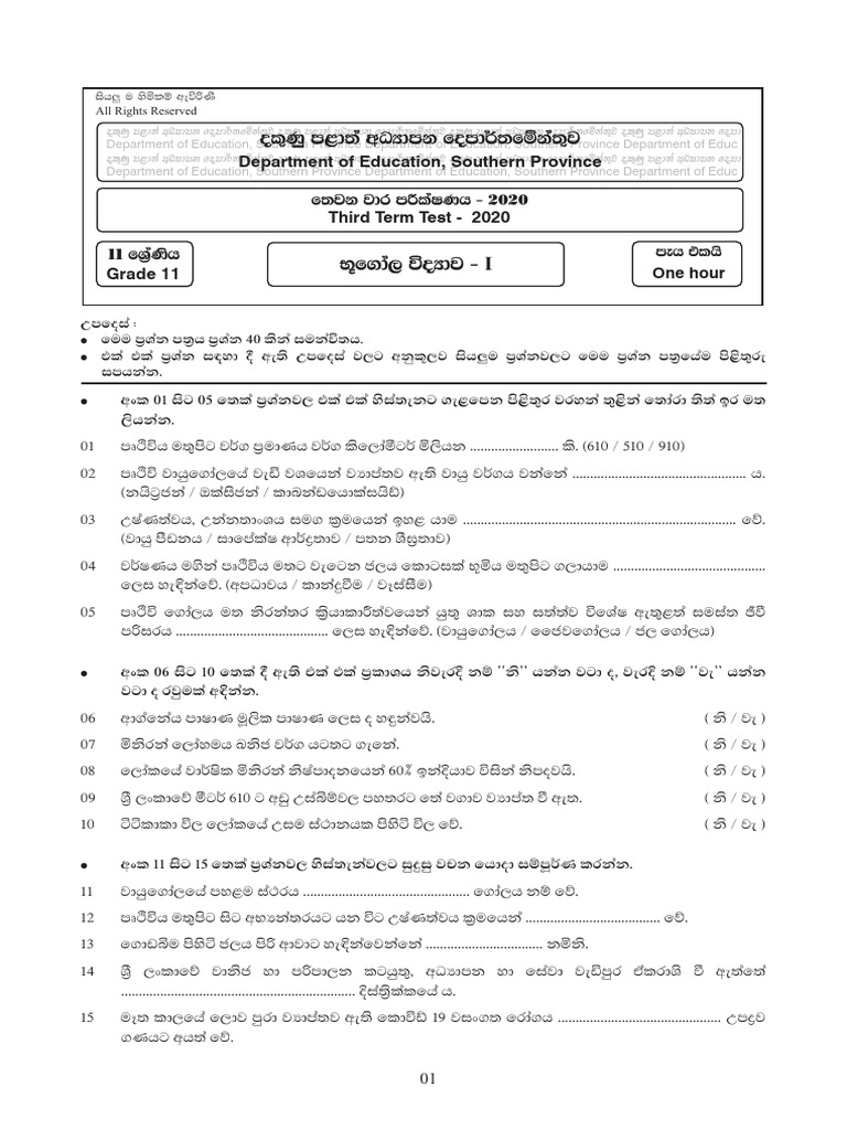 Grade 11 Geography Paper 2020 3rd Term Test Southern Province | PDF