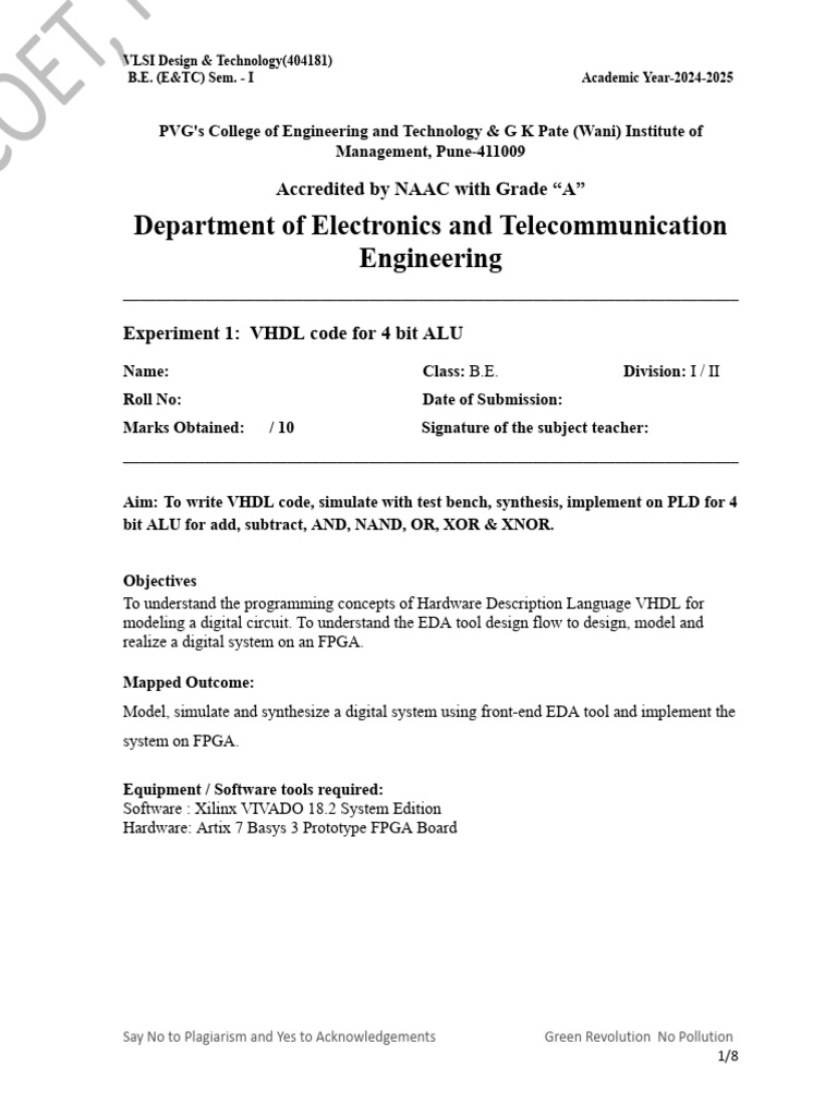 Experiment1 - VHDL Code For ALU-2024-25 | PDF | Vhdl | Field Programmable Gate Array