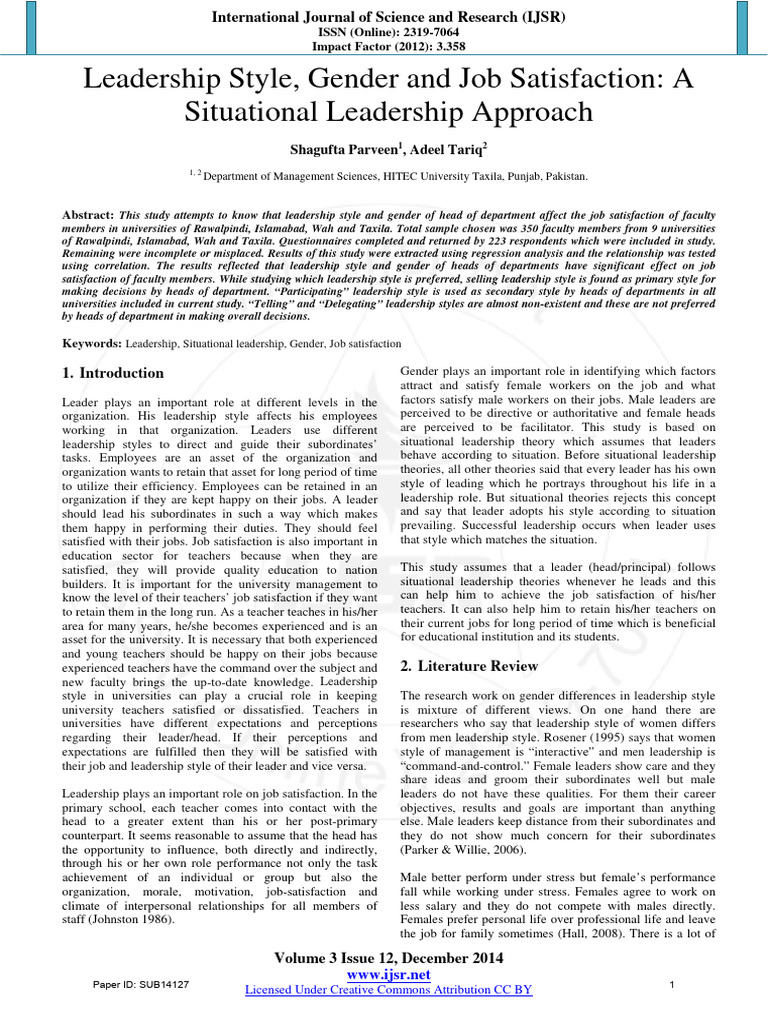 Leadership Style, Gender and Job Satisfaction A Situational Leadership ...