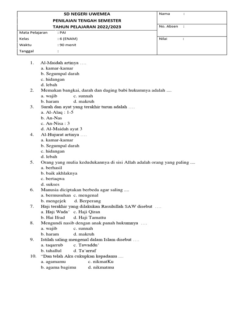 Soal Pat Pai KLS 6 SMT 2 | PDF