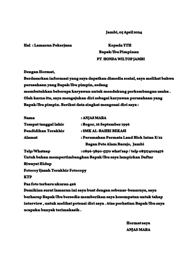 Lamaran Kerja Anjas Digabungkan | PDF