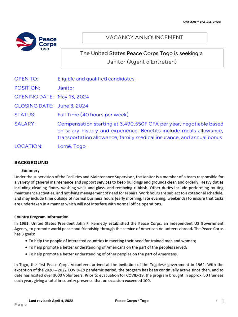 Janitor Vacancy Announcement May 2024 WS | PDF | Peace Corps | Employment