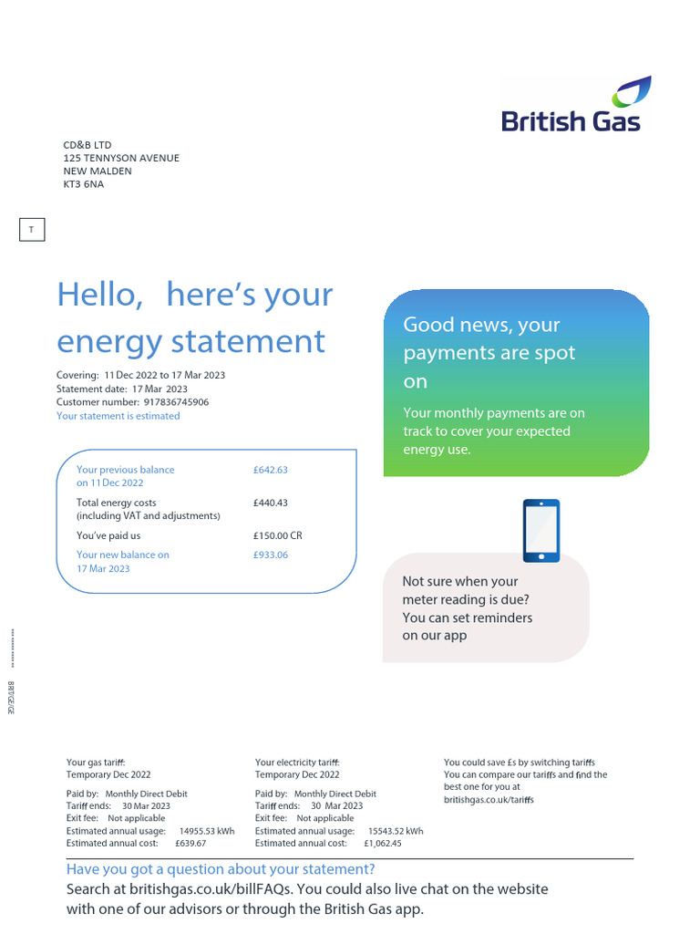 BritishGas Energy - Statement - Mar23 | PDF | Debits And Credits ...