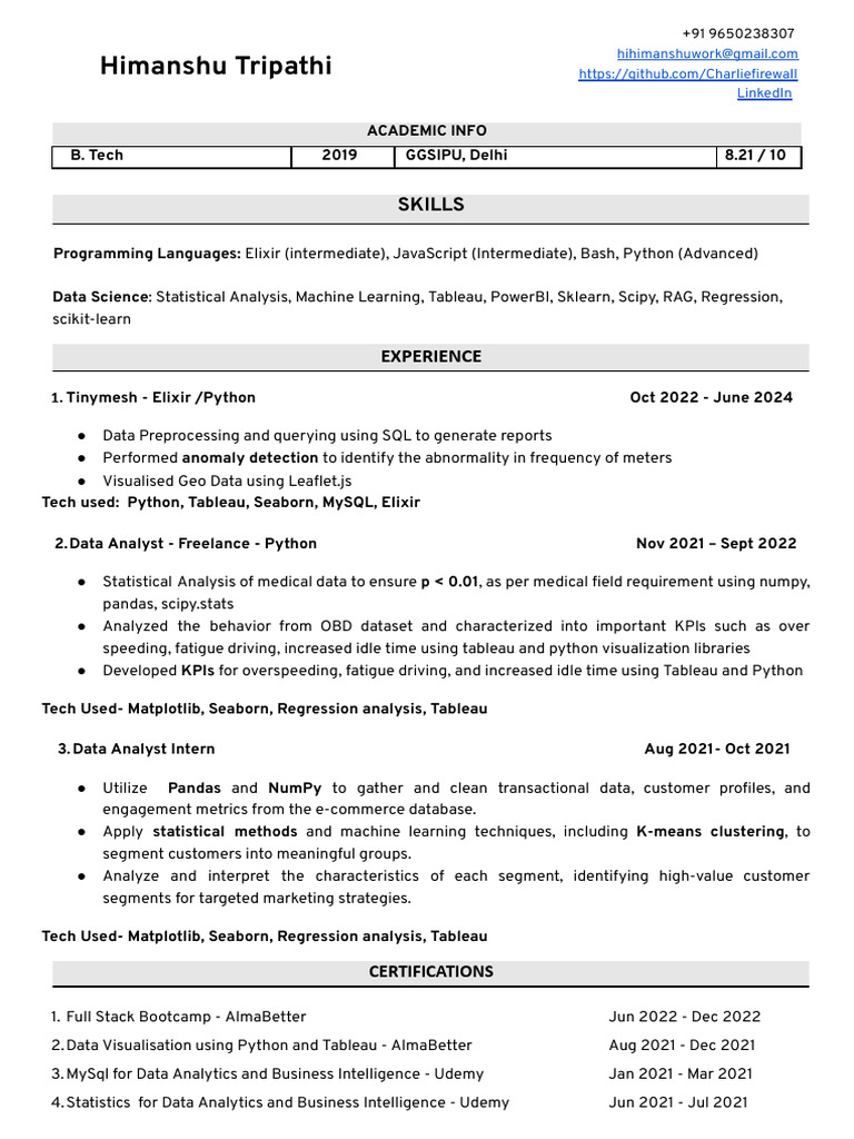Himanshu Tripathi July 2024 CV | PDF | Data Analysis | Information Retrieval