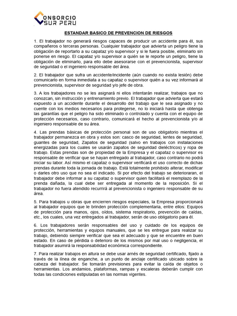 Consorcio Sur Peru - Estandar Basico de Prevencion de Riesgos | PDF