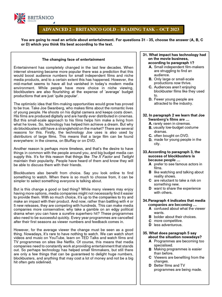 Ad2 Reading Task Oct 2023 | PDF | Filmmaking | Entertainment