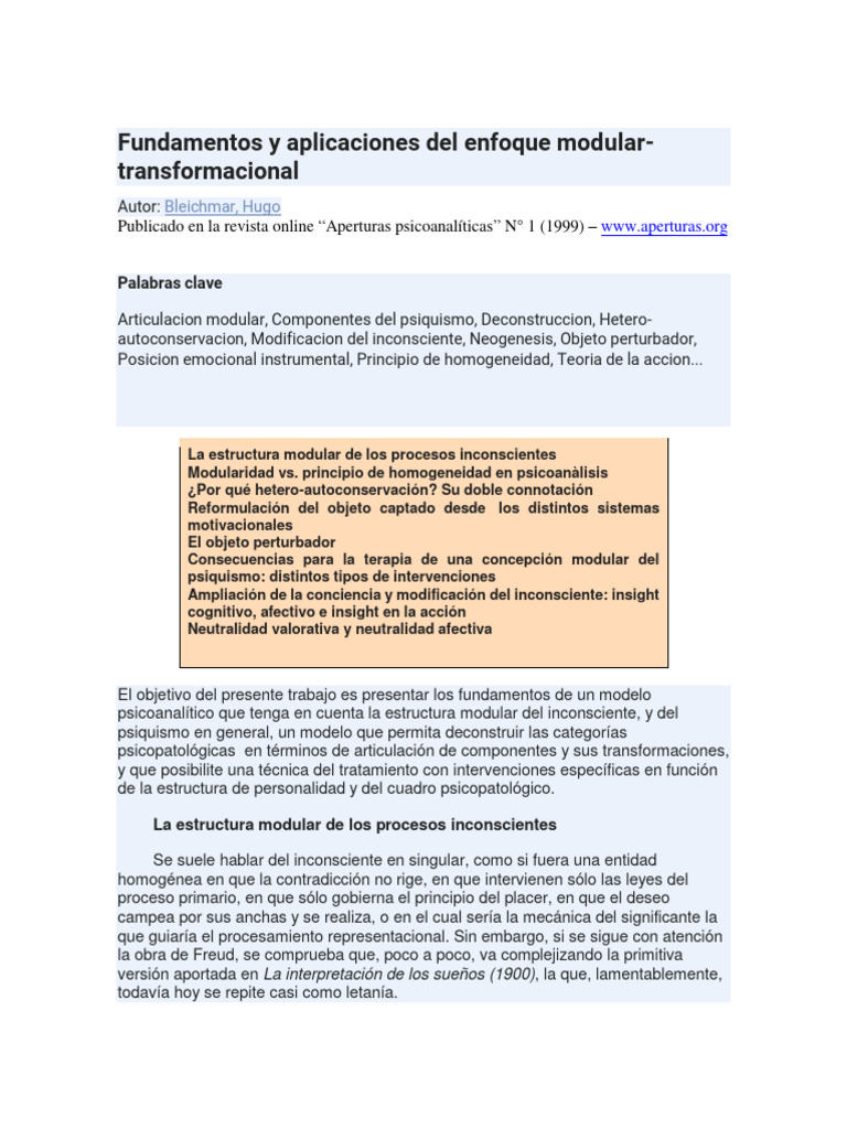 Fundamentos y Aplicaciones Del Enfoque Modular | PDF | Mente inconsciente | Psicoanálisis