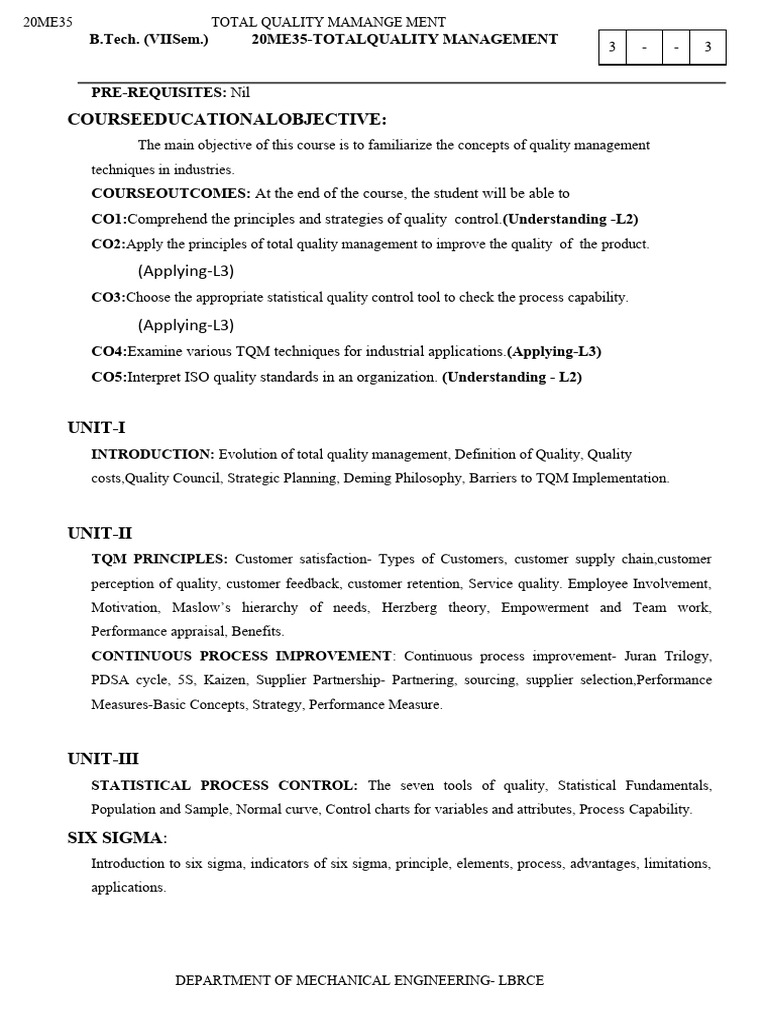 TQM Notes | PDF | Quality (Business) | Quality Management