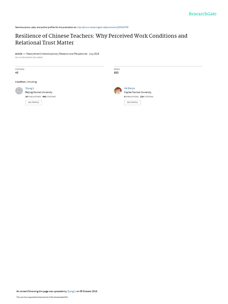 Resilience of Chinese Teachers: Why Perceived Work Conditions and ...