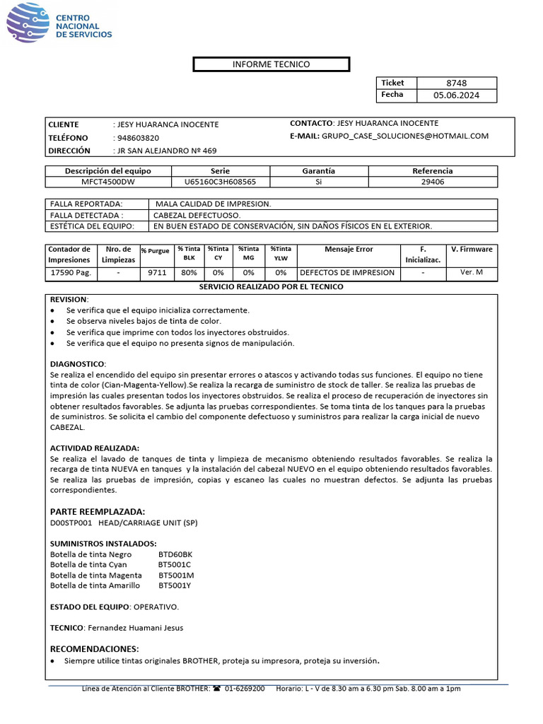 Informe Tecnico Aranda 8748 - 02 | PDF | Impresora (Computación) | Papel