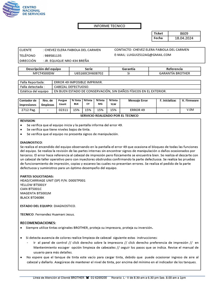 Informe Tecnico Aranda 8609 | PDF | Impresora (Computación) | Equipo