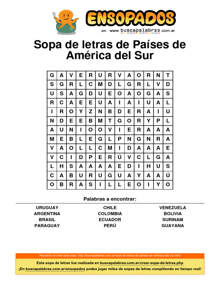 Sopa de Letras de Países de América Del Sur | PDF
