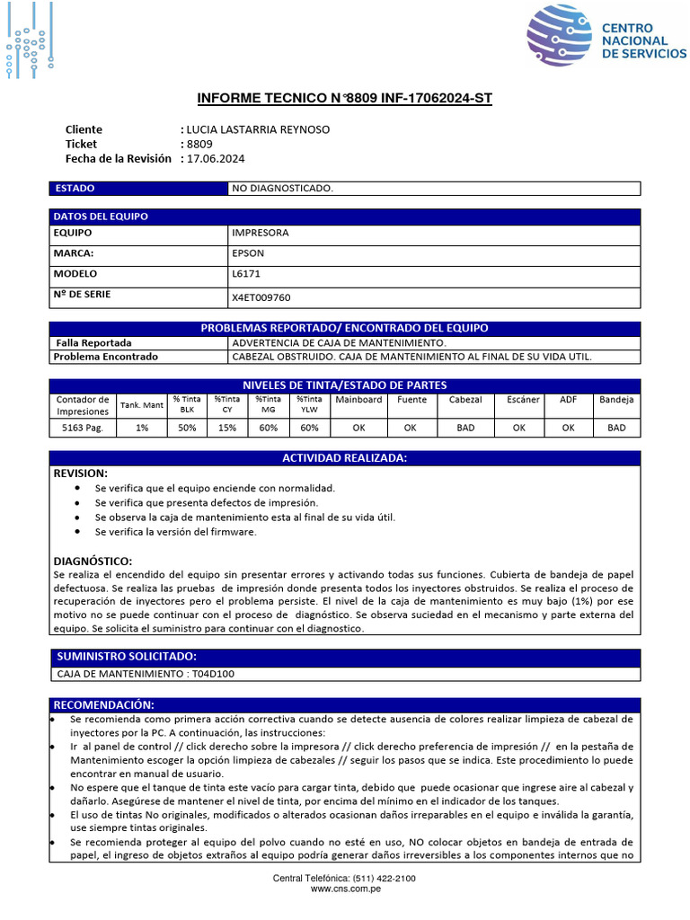 Informe Tecnico Aranda 8809 | PDF | Impresora (Computación)
