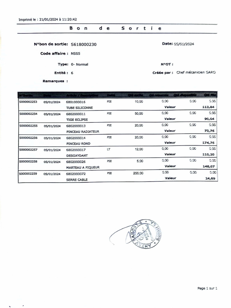 Bon de Sortie S618000230 | PDF