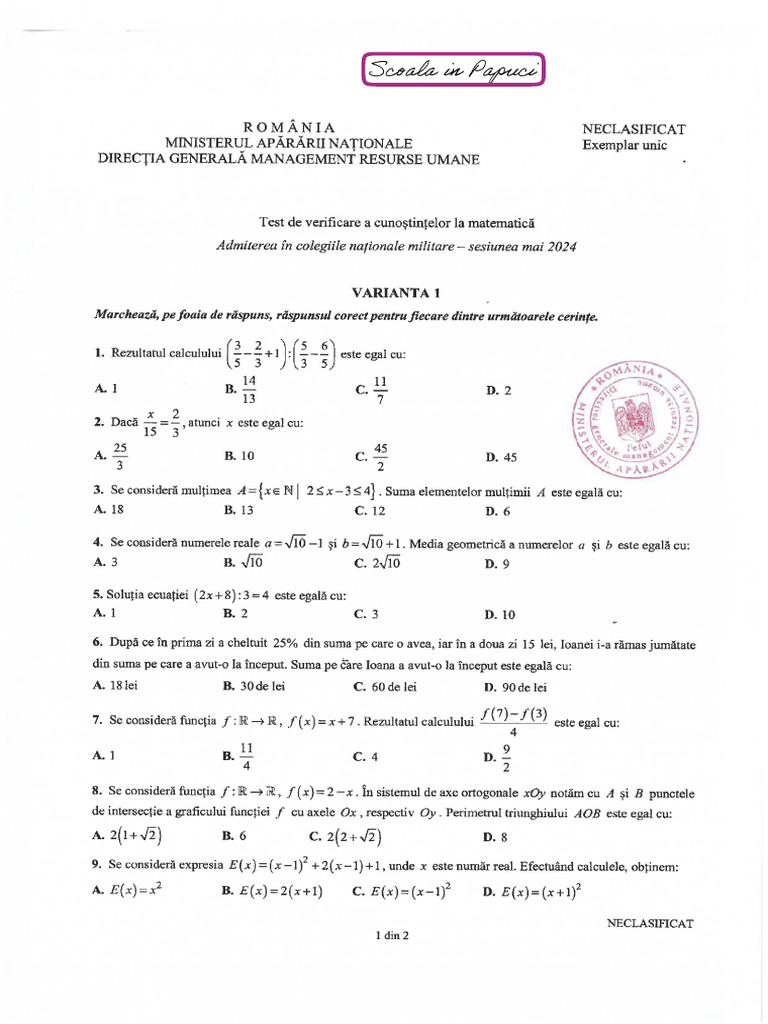 Admitere Colegiile Nationale Militare - Matematica - Subiect - 24 Mai 2024 - SP | PDF