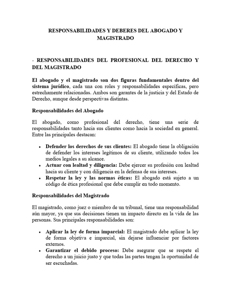 Responsabilidades Y Deberes Del Abogado Y Magistrado Pdf Abogado