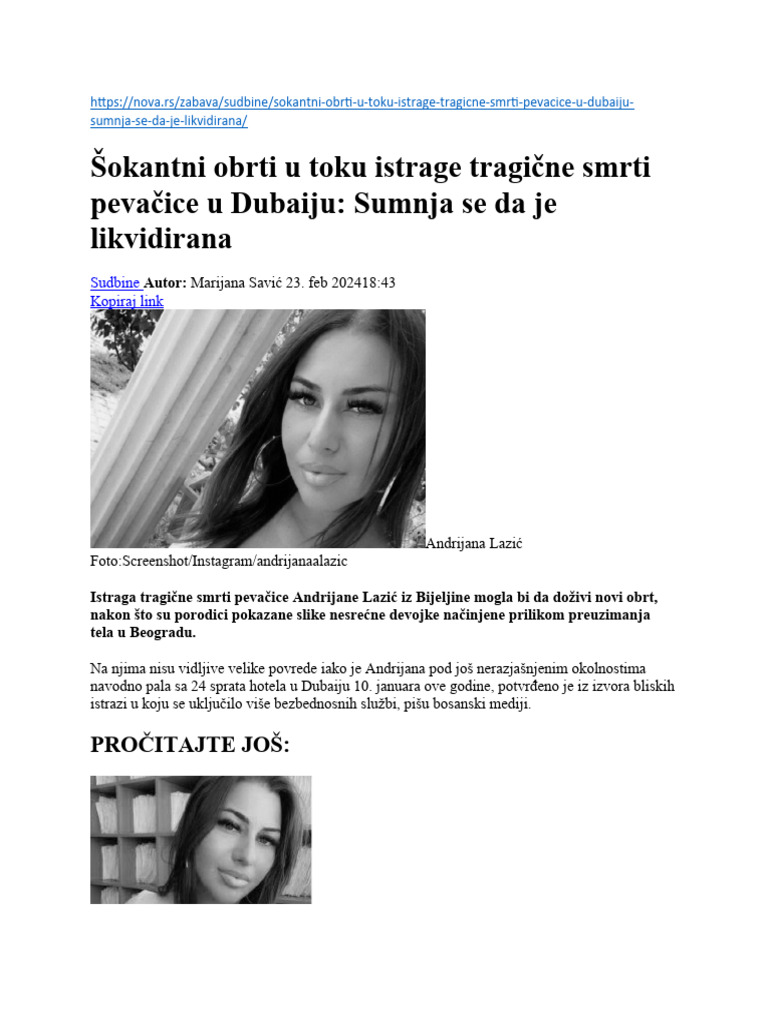 Šokantni Obrti U Toku Istrage Tragične Smrti Pevačice U Dubaiju Sumnja Se Da Je Likvidirana | PDF