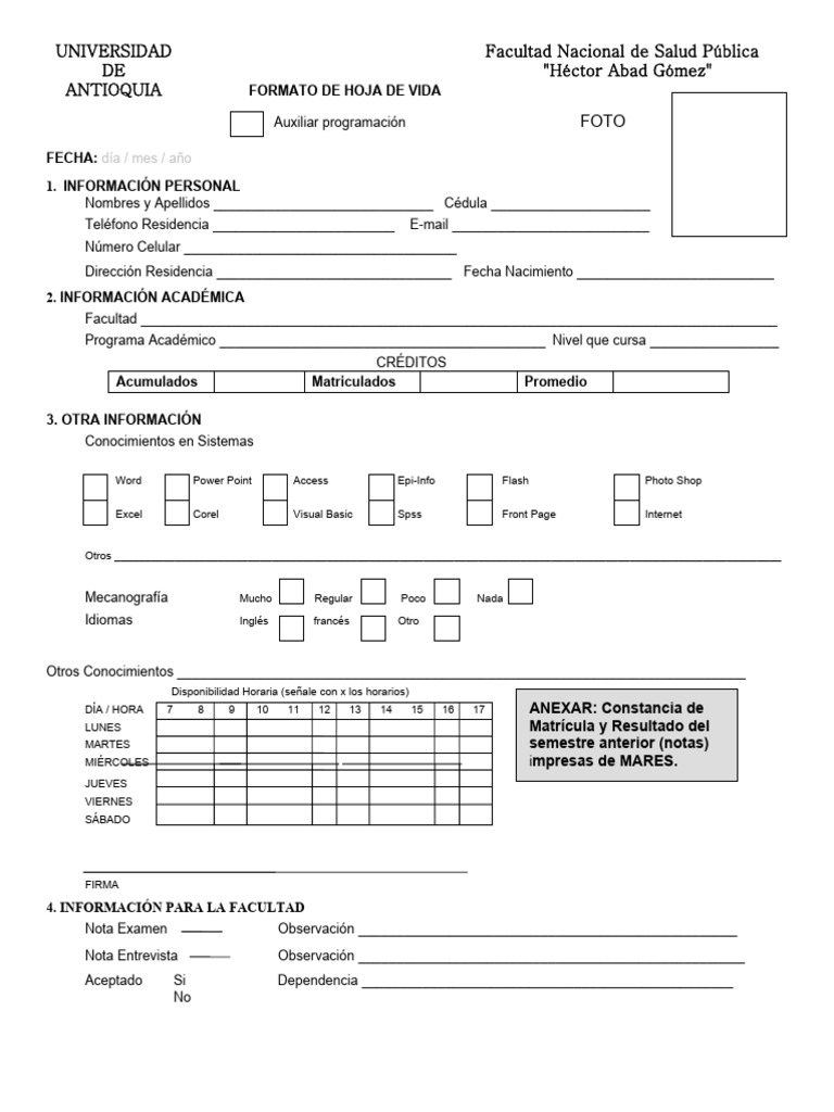 Formato Hoja de Vida Auxiliares Programacion FNSP Vilma | PDF
