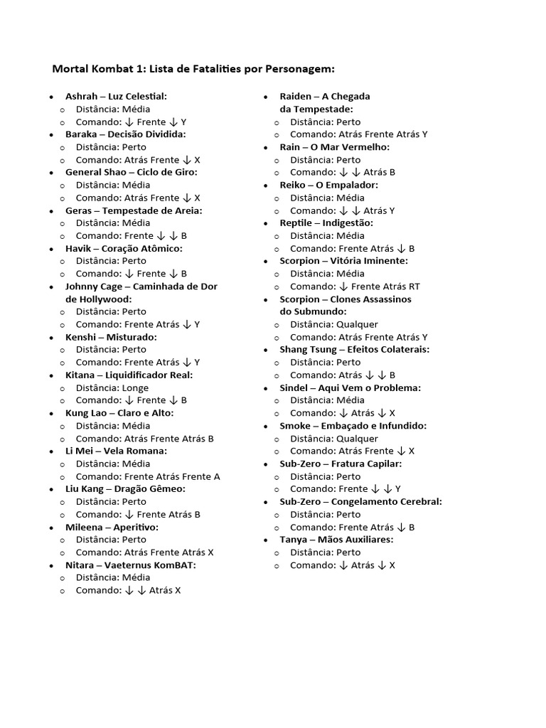 Lista de Fatalities MK1 | PDF | Mitoopeia | Franquias da Warner Bros.