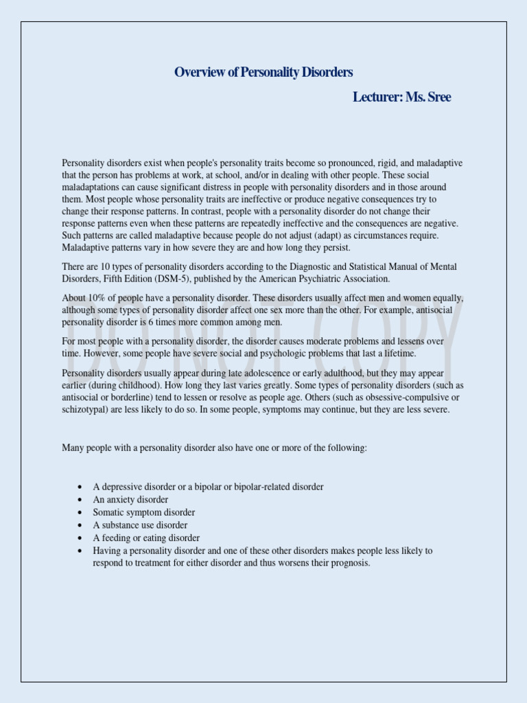 Overview of Personality Disorders | PDF | Personality Disorder | Mental ...