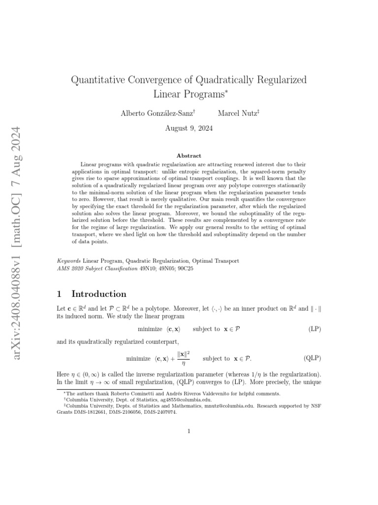 Quantitative Convergence of Quadratically Regularized Linear Programs | PDF | Mathematical ...