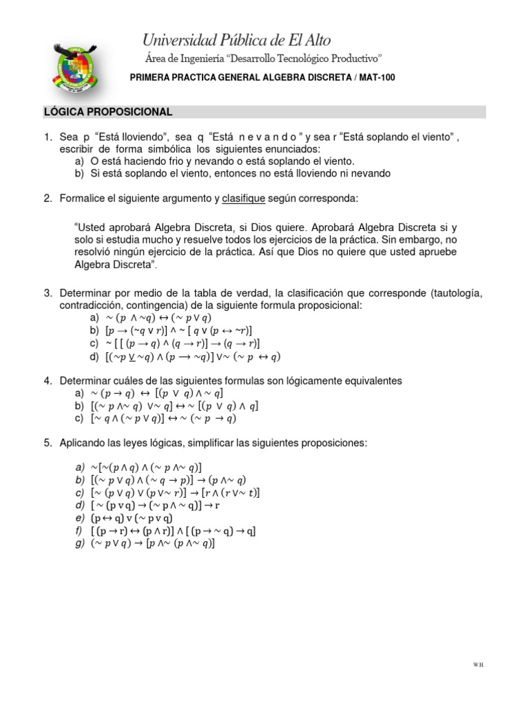 Practica n1 Algebra Discreta Verano 1 | PDF | Sintaxis (Lógica) | Lógica matemática