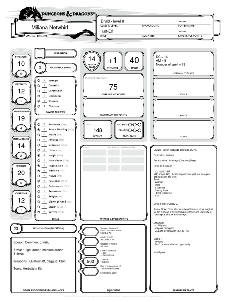 5E - Druid Niv 8 Meliana | PDF