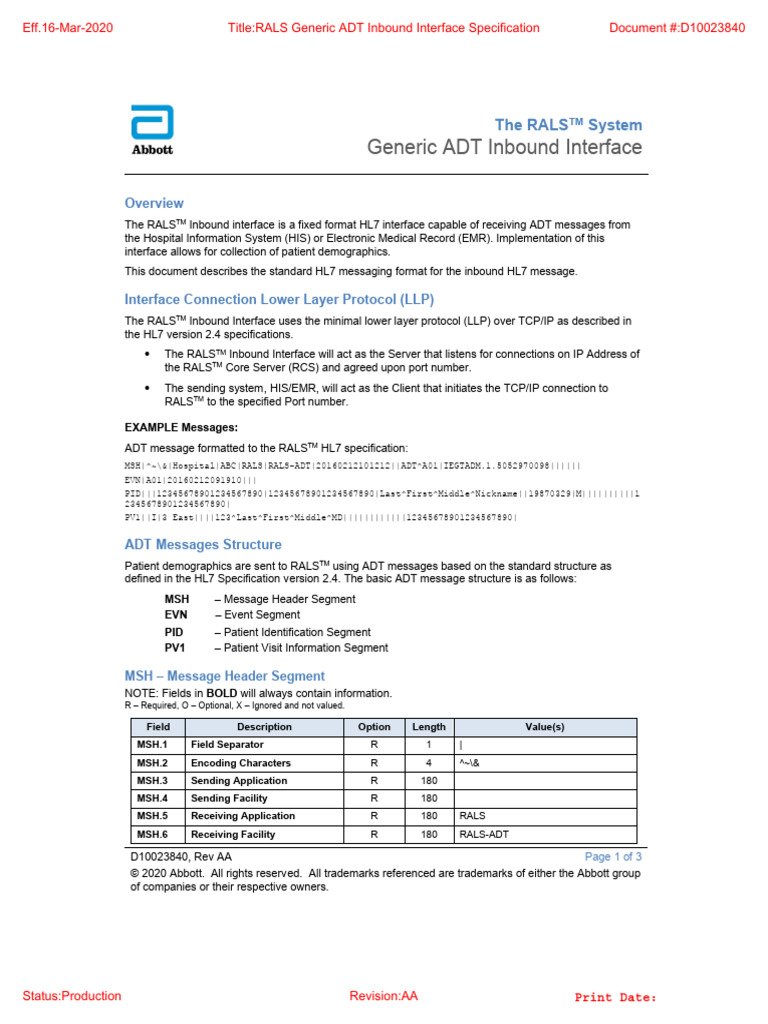 D10023840 Rev AA RALS Generic ADT Inbound Interface Specification | PDF | Port (Computer ...