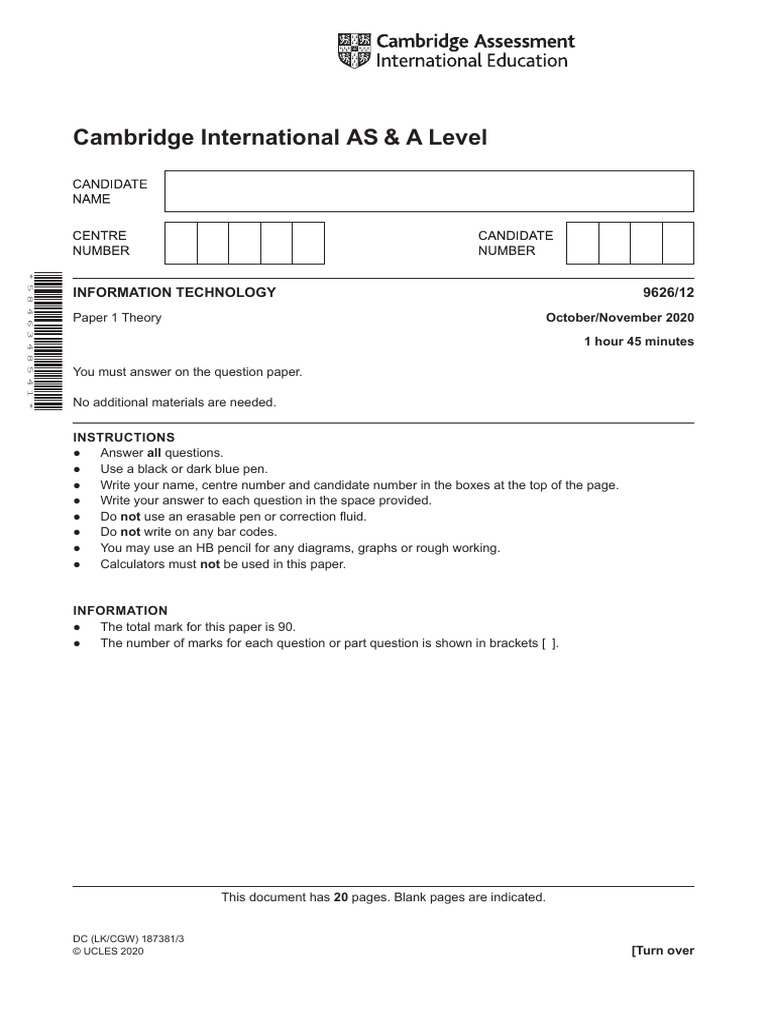 Cambridge International AS & A Level: Information Technology 9626/12 ...