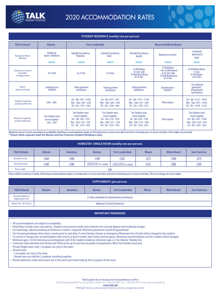 Student Residence & Homestay Rates | PDF | Miami