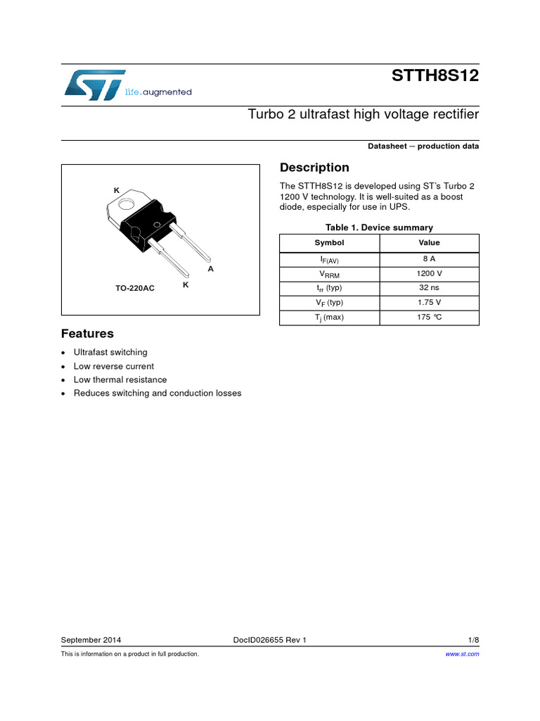 STTH 8 S 12 | PDF | Rectifier | Electronics