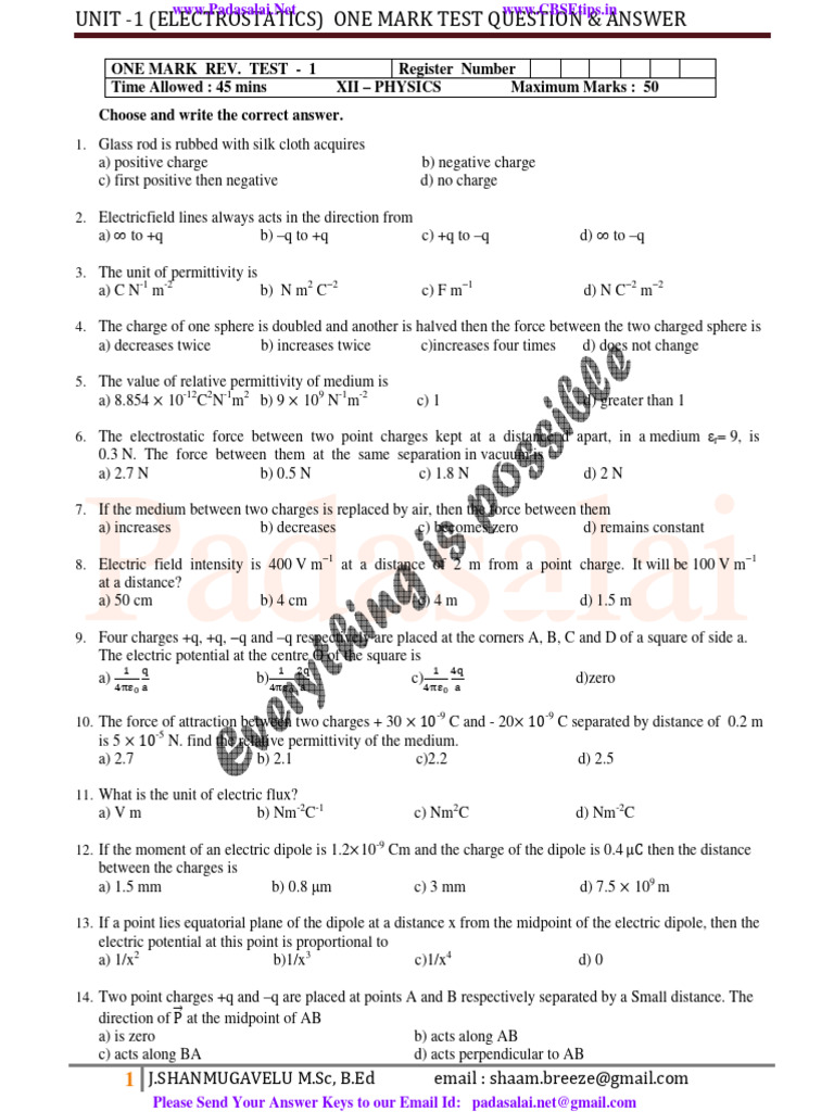 20-12th Physics - Unit 1 Questions and Answers - English Medium PDF Download | PDF | Dipole ...
