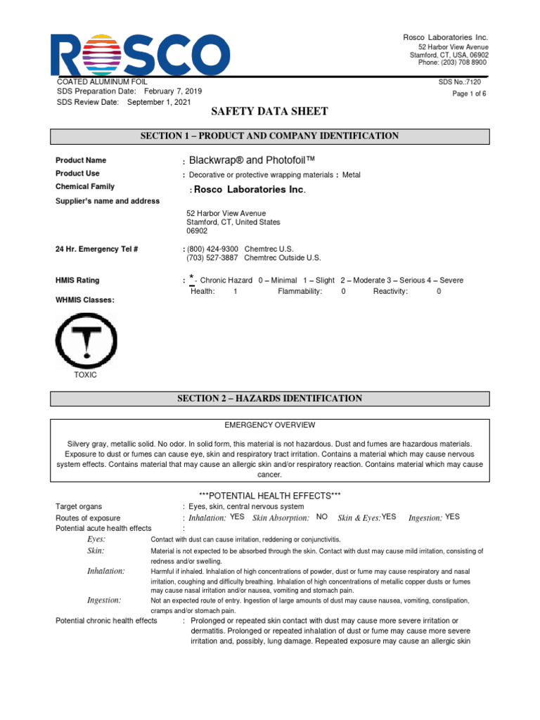 Rosco Blackwrap Photofoil SDS | PDF | Magnesium | Aluminium