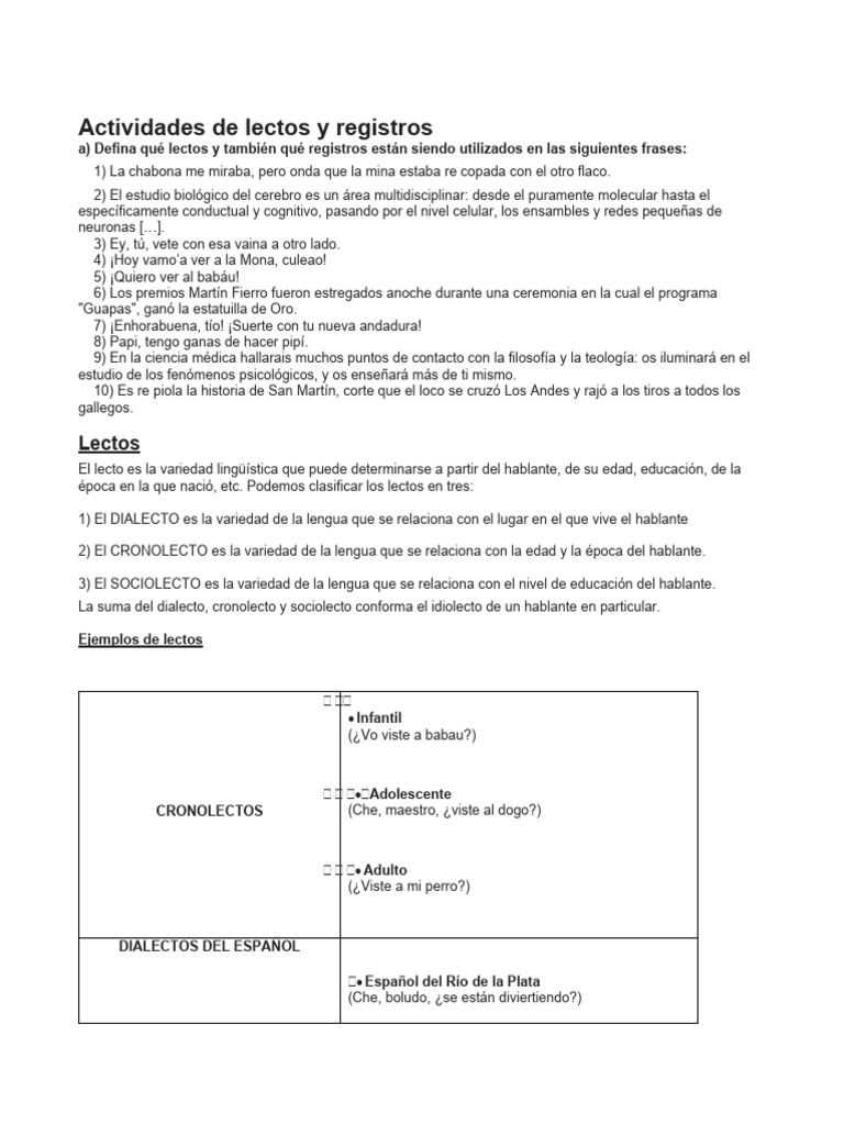 Actividades sobre lectos y registros | PDF | Sociolingüística ...