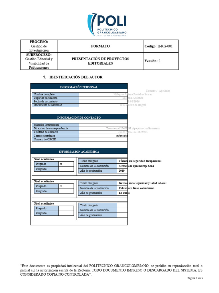 Milagros Fontalvo - II-RG-001 FORMATO PRESENTACIÓN DE PROYECTOS EDITORIALES | PDF | Publicación ...